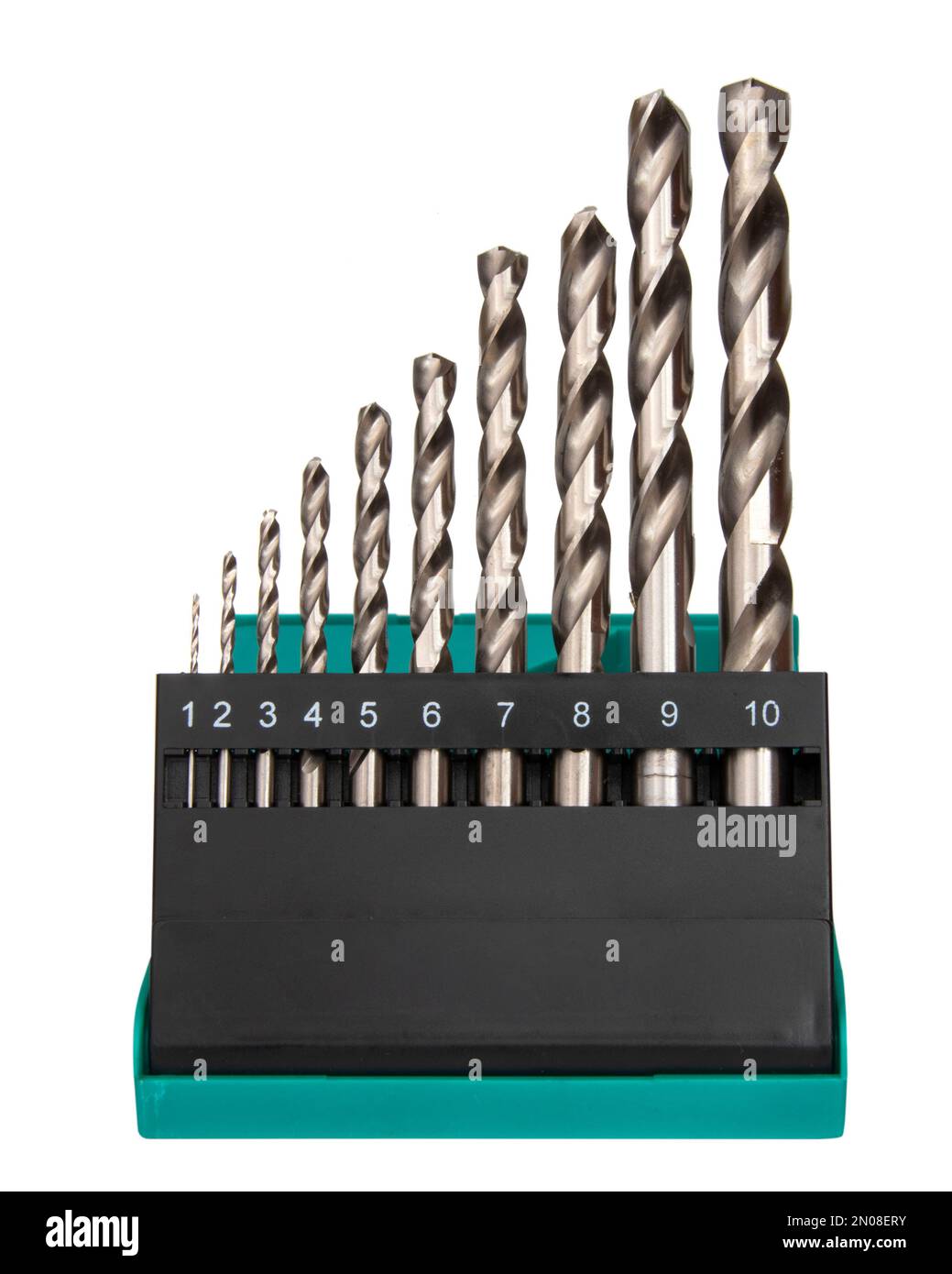 Drill bit set in box isolated on white background Stock Photo - Alamy