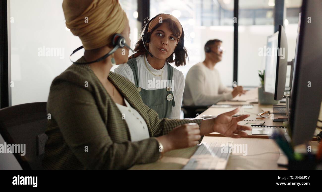 Call center, training and black woman coaching recruit at customer ...