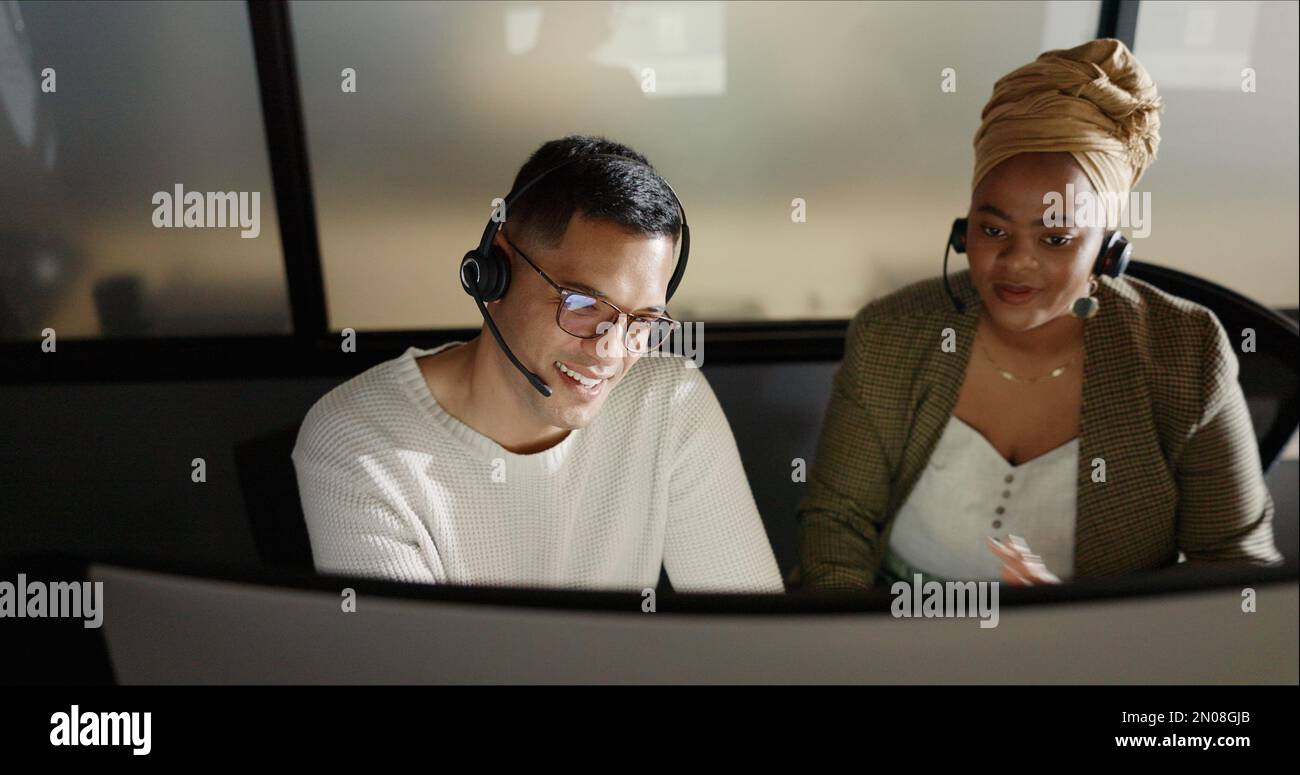 Call center, training and man coaching black woman coworker at customer ...