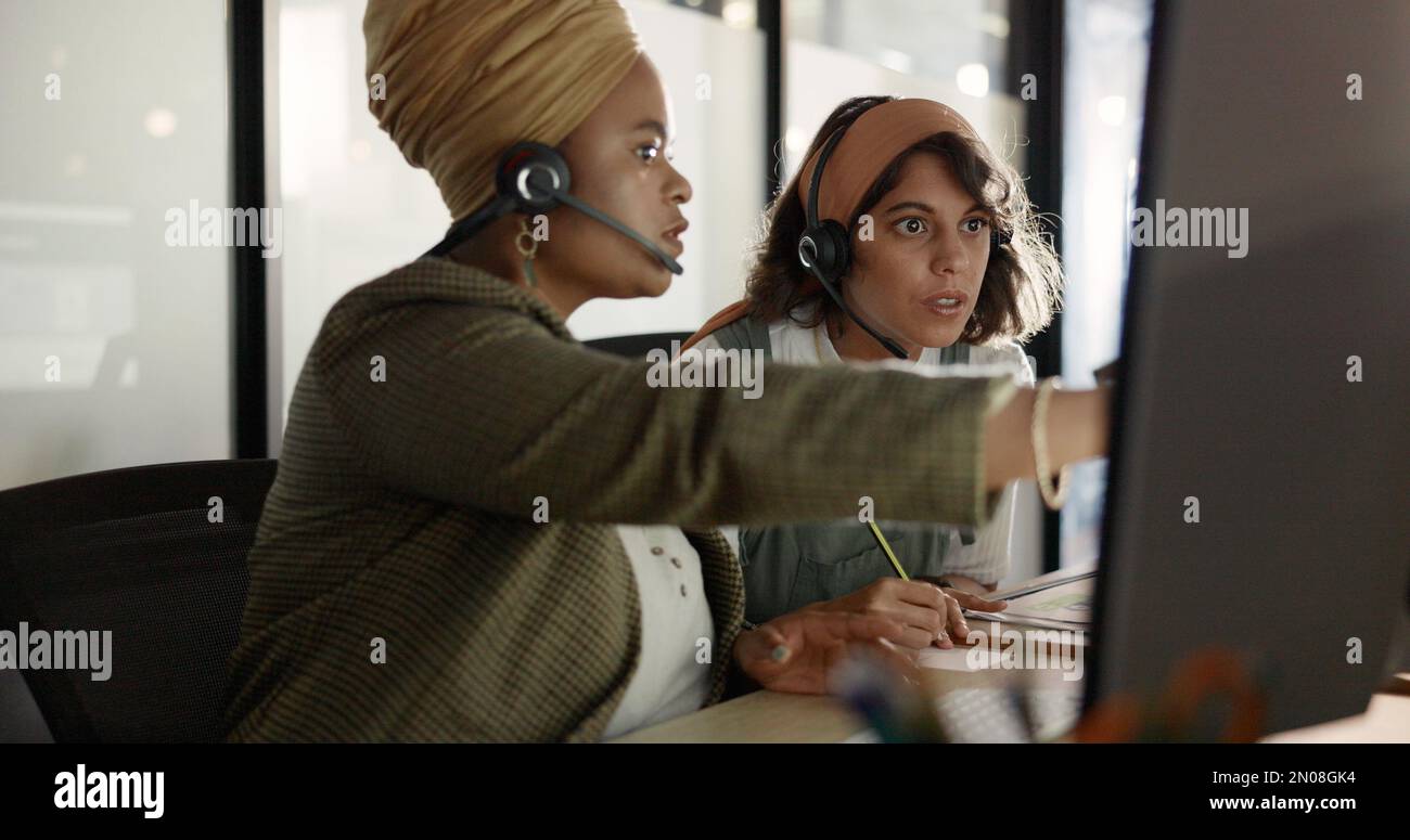 Call center, training and black woman coaching recruit at customer service agency in Africa ...