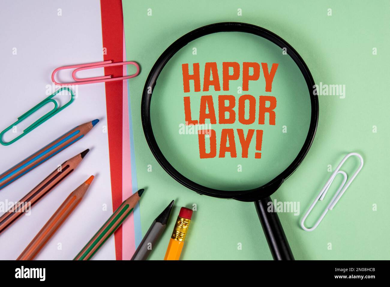 Happy labor day. Office items on the desk Stock Photo - Alamy