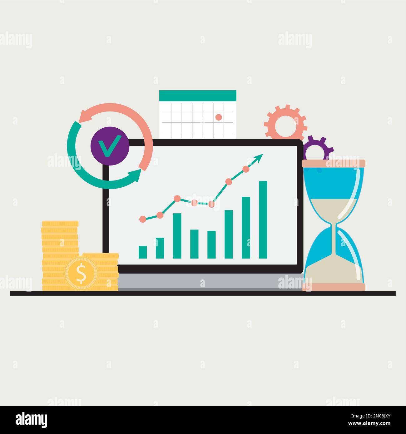 Business management and control. Ascending chart on laptop, validation ...