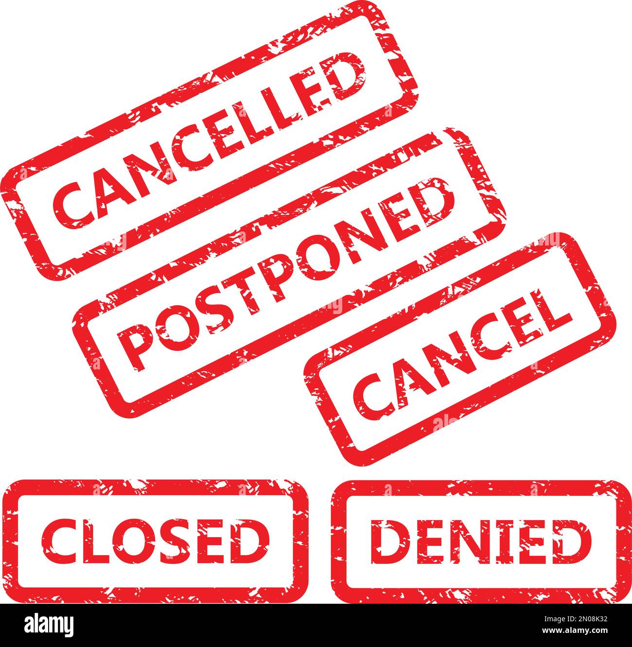 Rubber stamp cancelled postponed closed and denied. Vector of stamp sign rubber, grunge red seal ...