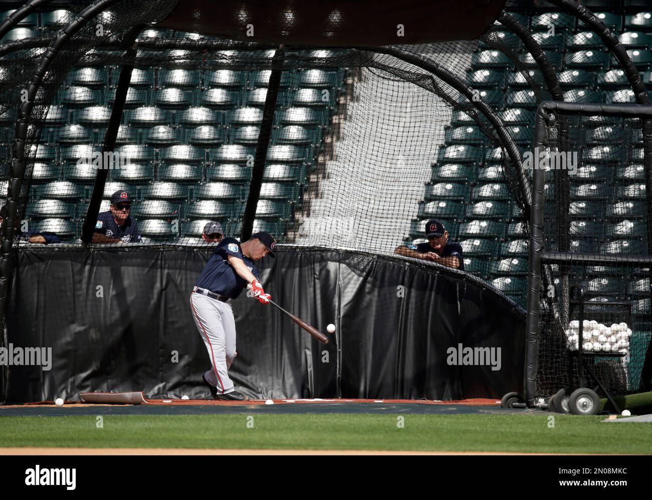 Atlanta Braves catcher Blake Lalli takes batting practice during a ...