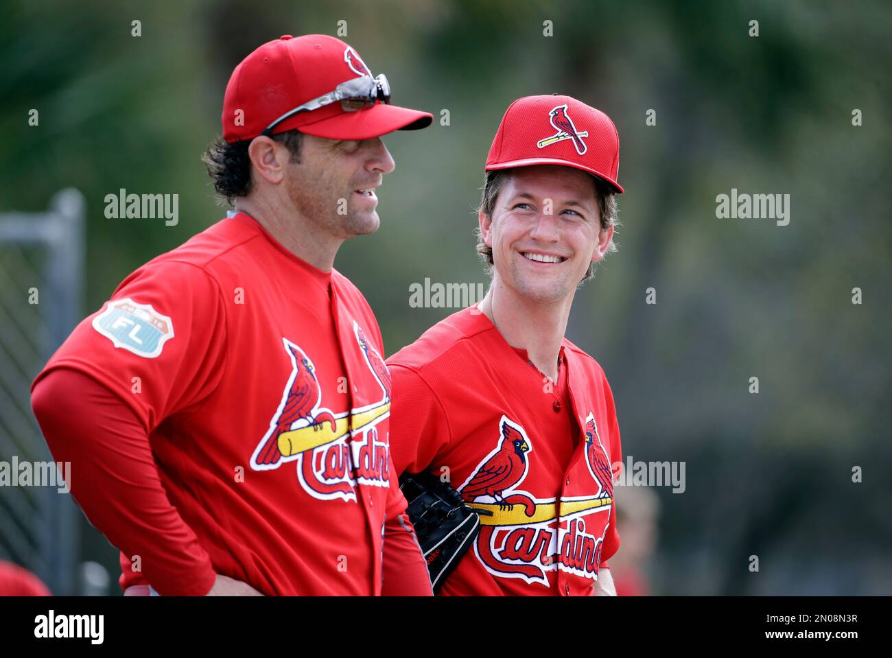 St. Louis Cardinals pitcher Mike Leake, right, talks with manager Mike ...
