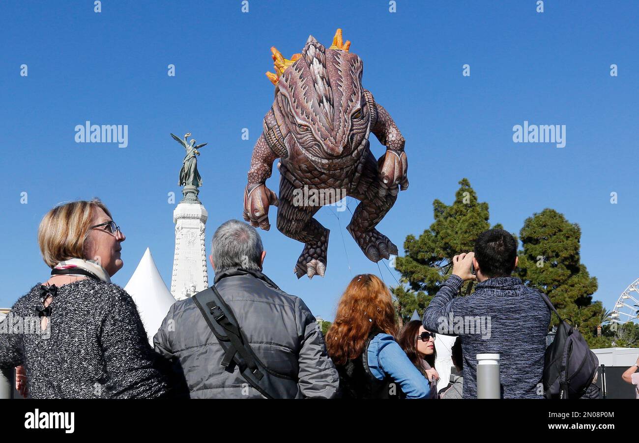 An inflatable dragon floats in the sky, during 132nd Nice carnival ...