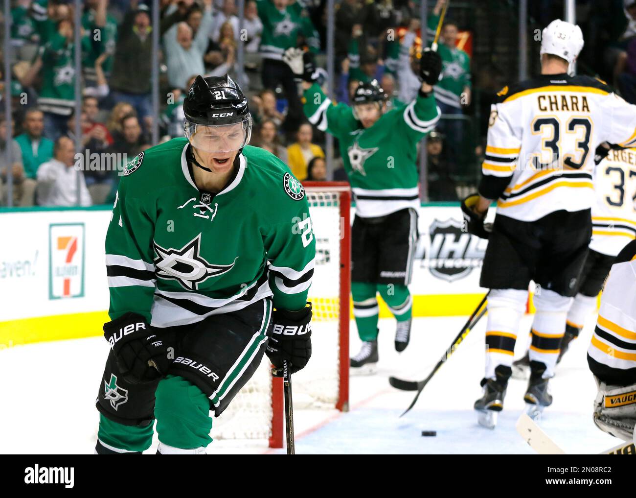 Dallas Stars' Antoine Roussel (21) of France celebrates his goal ...