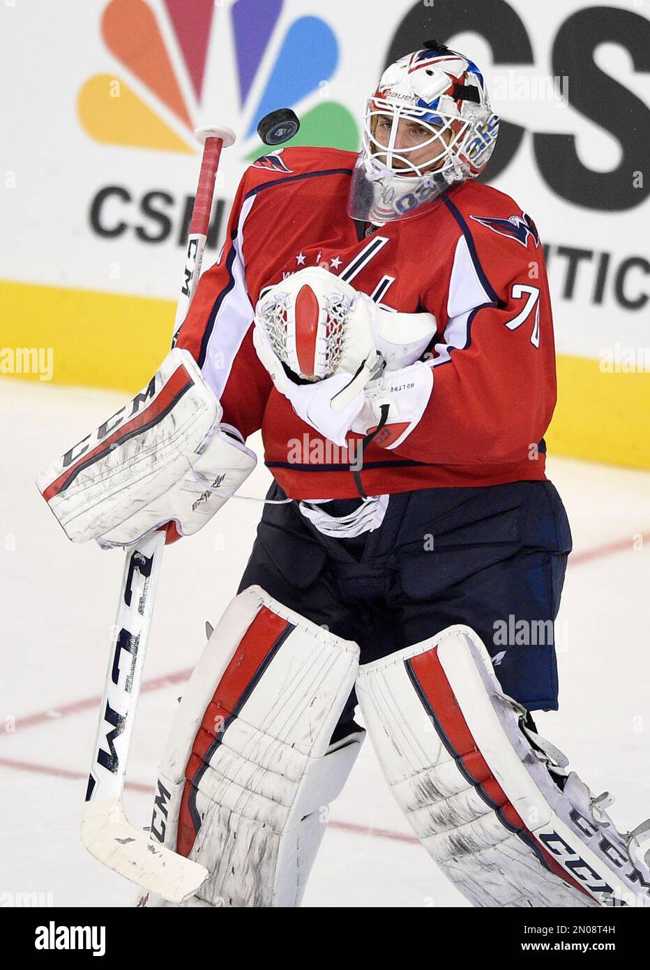 Washington Capitals goalie Braden Holtby watches the puck during the ...