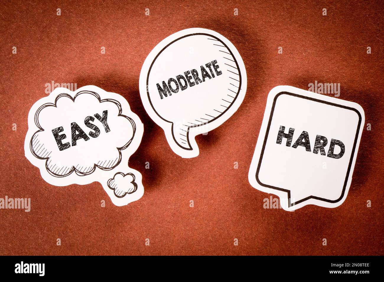 Easy Moderate Hard Concept. Speech bubbles with text on a brown ...