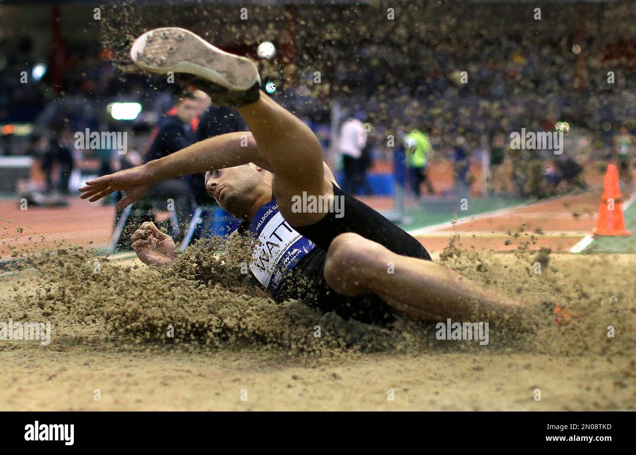 Mitchell Watt hits the sand pit while competing in the men's long jump ...