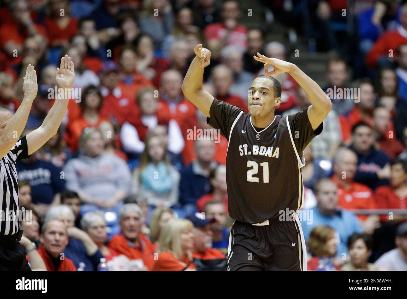 St. Bonaventure's Dion Wright (21) reacts after scoring three points ...