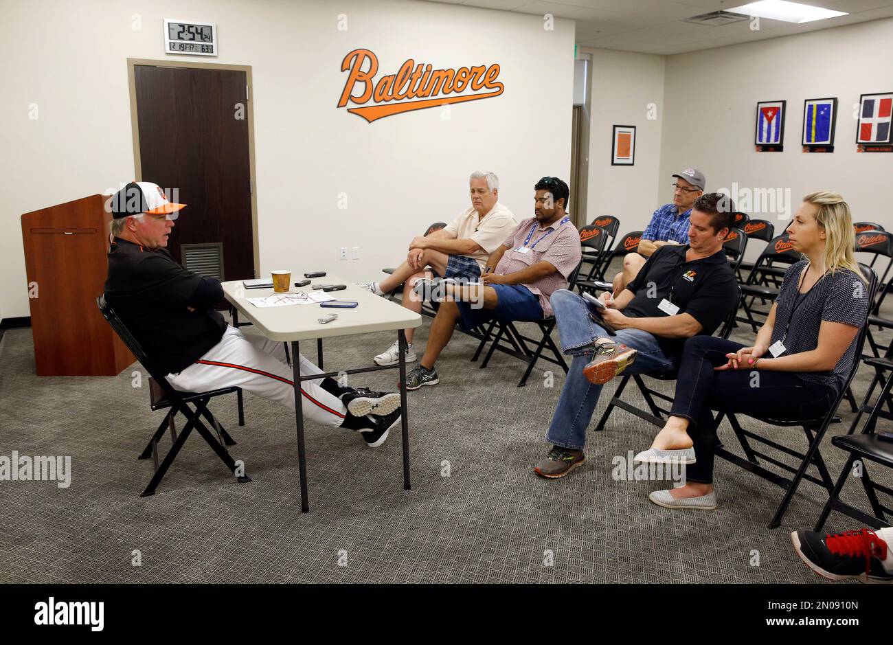 Baltimore Orioles manager Buck Showalter speaks with reporters after a ...