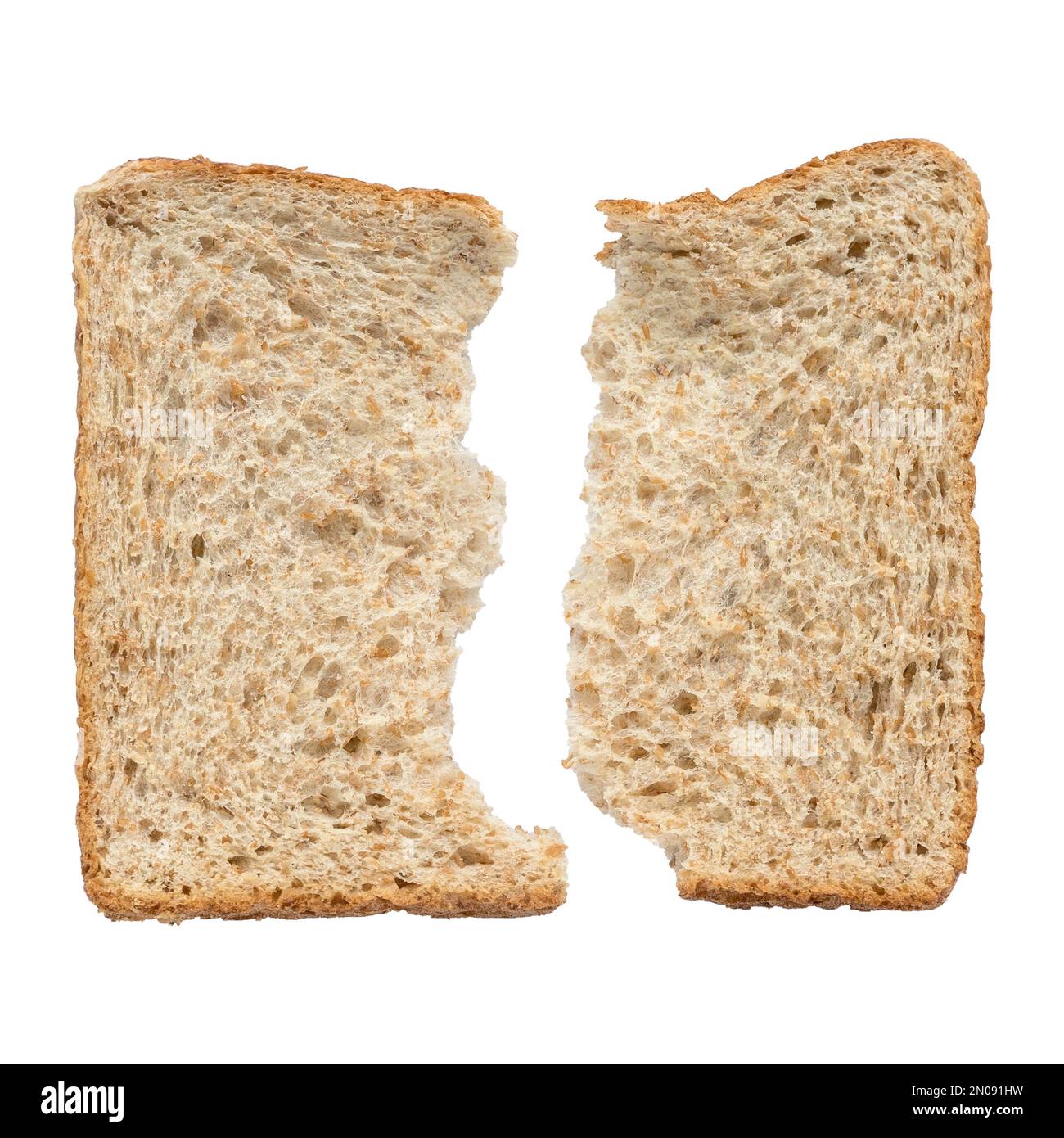 A slice of wholemeal bread have been cut into two isolated on a white ...