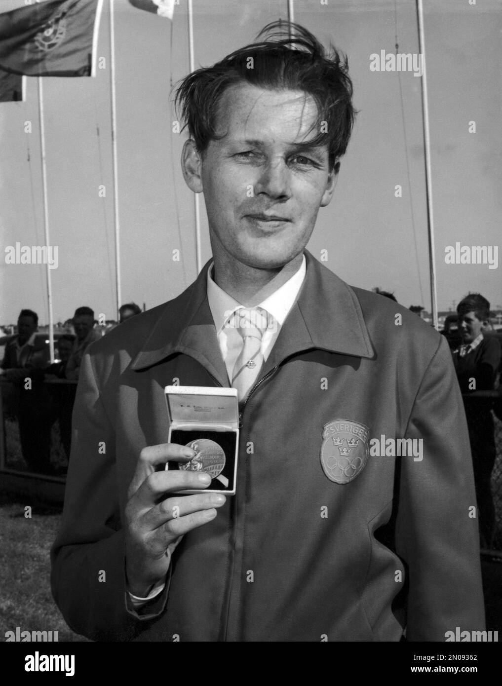 N.J Sundberg of Sweden displays his bronze medal after the Olympic ...