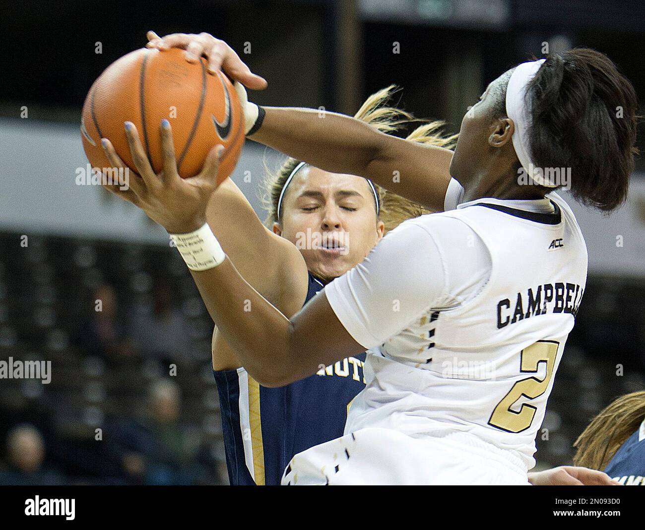 Notre Dame's Hannah Huffman (24) gets a hand on the ball of Wake Forest ...