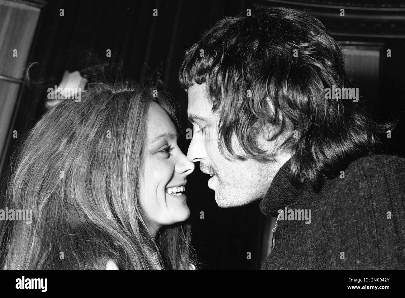Actress Francesca Annis and actor Jon Finch, rub noses in an Eskimo ...