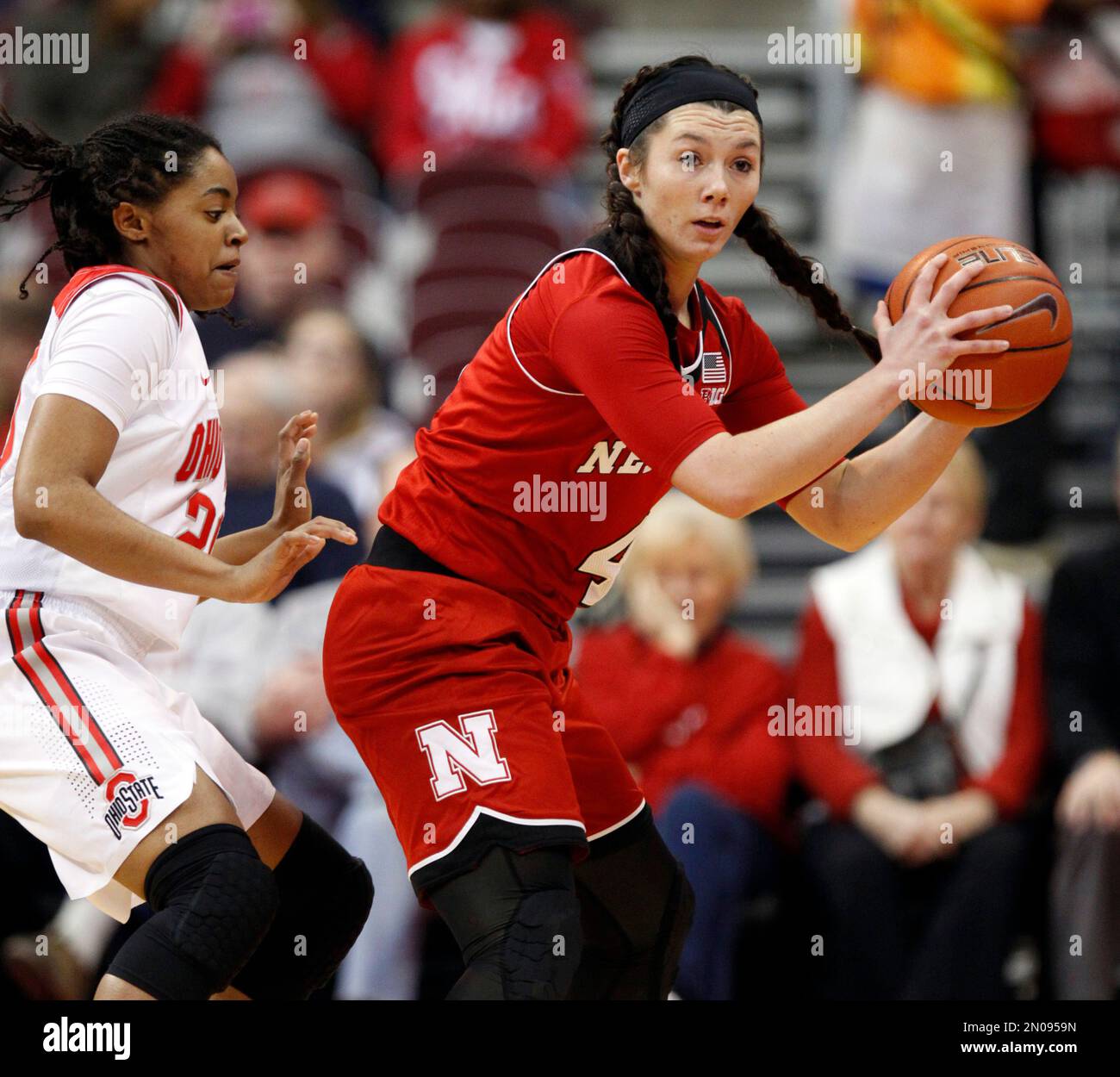 Nebraska's Kyndal Clark, right, works against Ohio State's Asia Doss ...