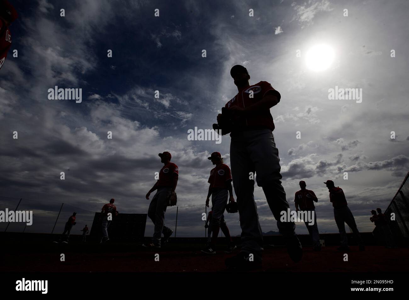 Cincinnati Reds players walk to a practice field for a spring training ...