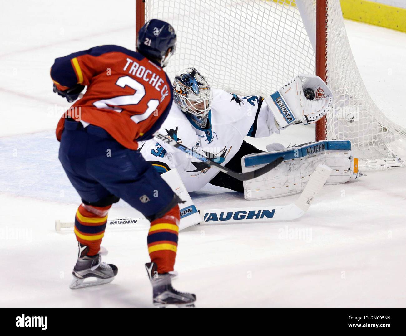 San Jose Sharks goalie Martin Jones (31) stops a shot by Florida ...
