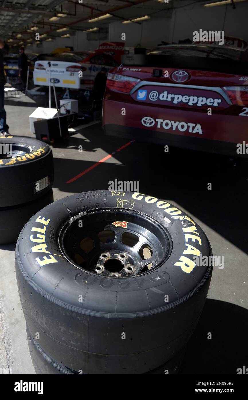 Goodyear race tires are shown in the garage during practice for Sunday ...