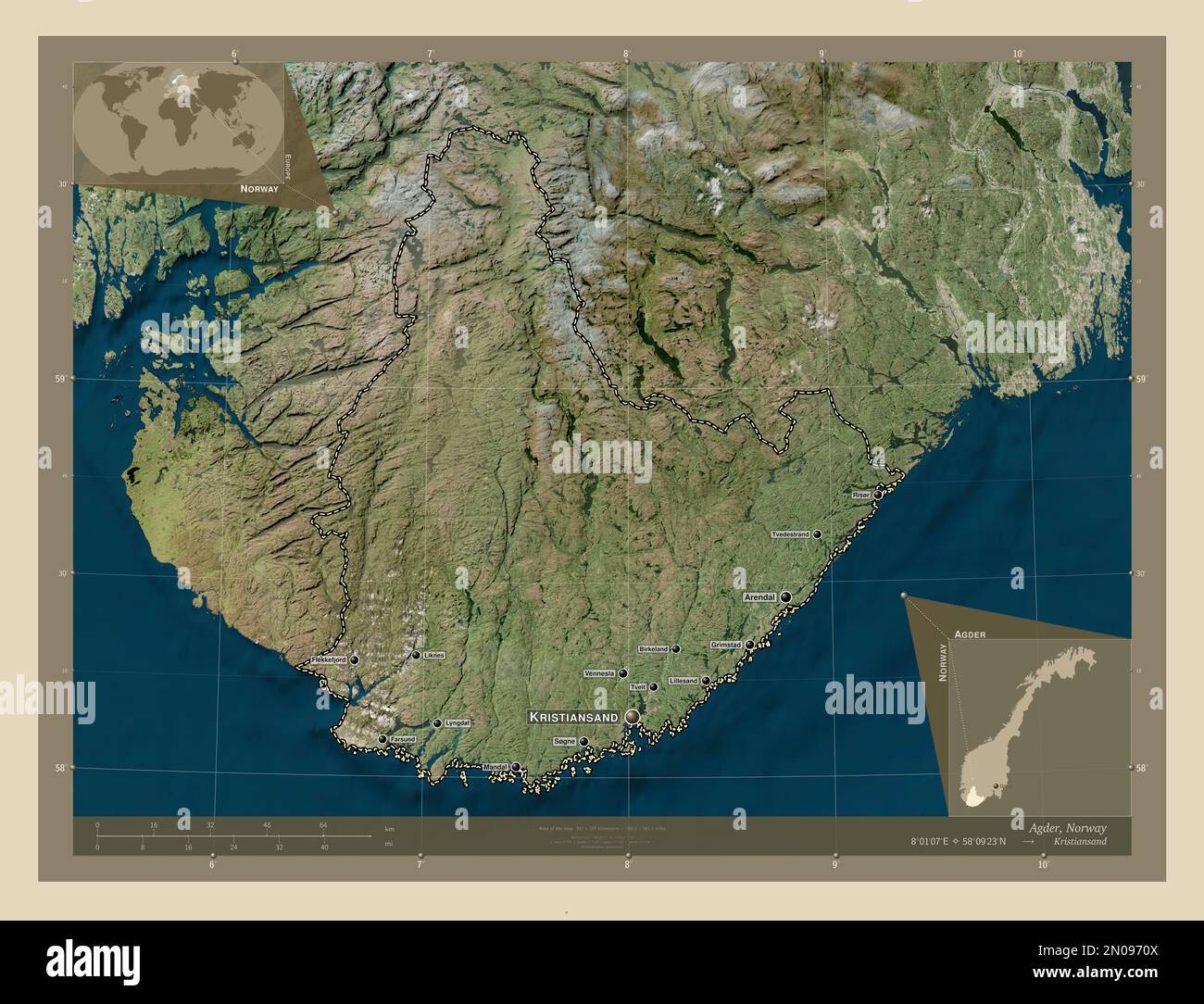 Agder, county of Norway. High resolution satellite map. Locations and ...