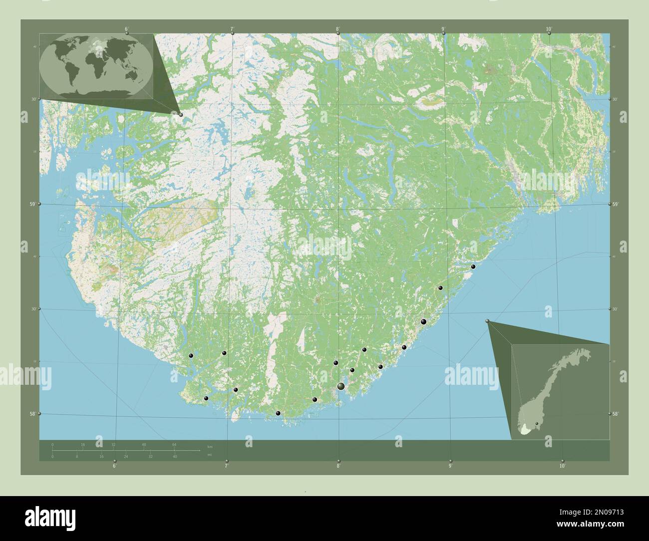 Agder, county of Norway. Open Street Map. Locations of major cities of ...