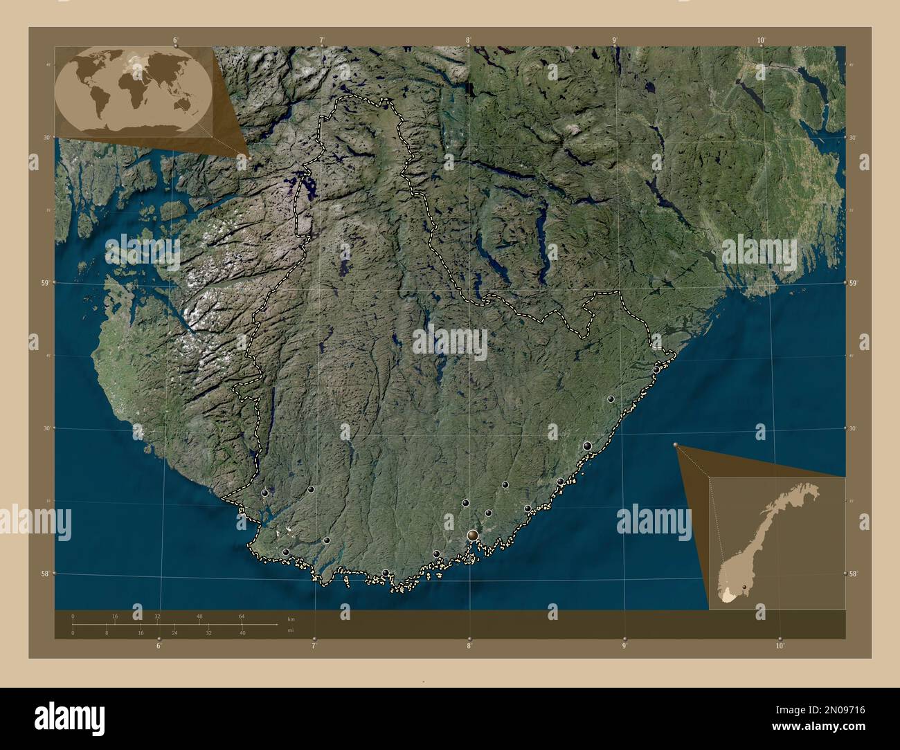 Agder, county of Norway. Low resolution satellite map. Locations of ...