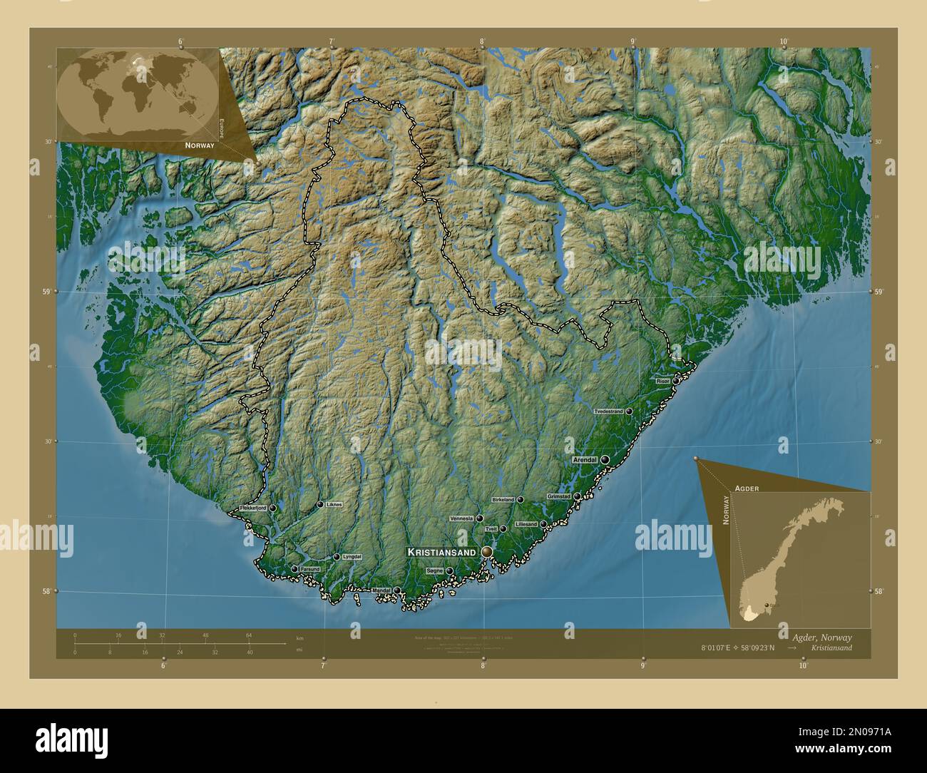 Agder, county of Norway. Colored elevation map with lakes and rivers ...