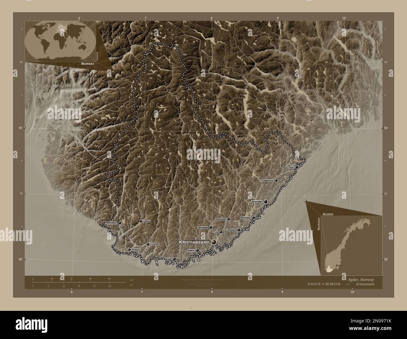 Agder, county of Norway. Elevation map colored in sepia tones with ...