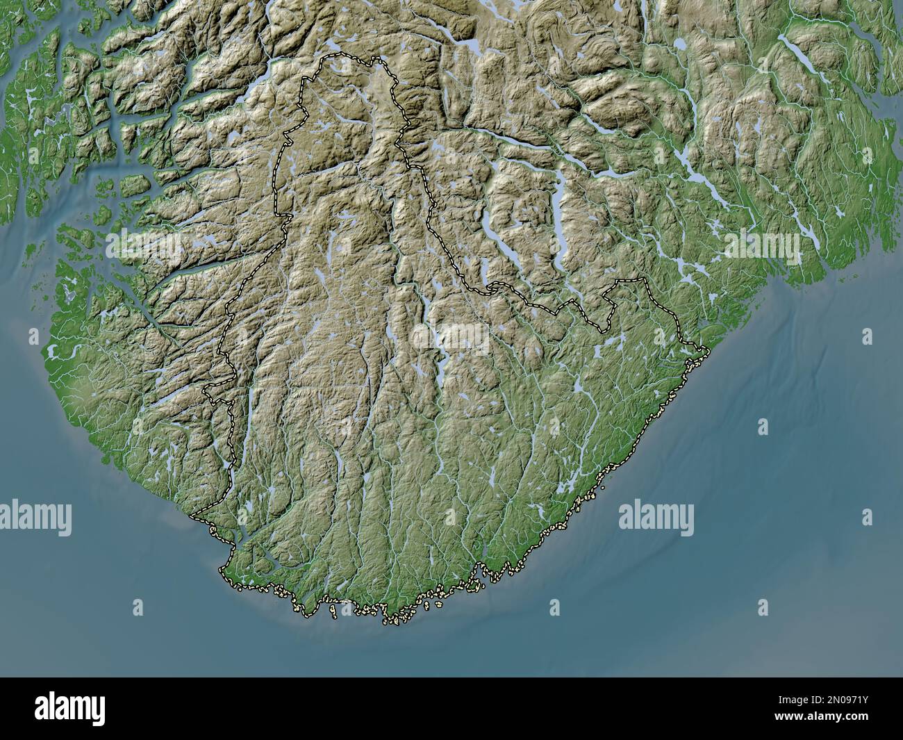 Agder, county of Norway. Elevation map colored in wiki style with lakes ...