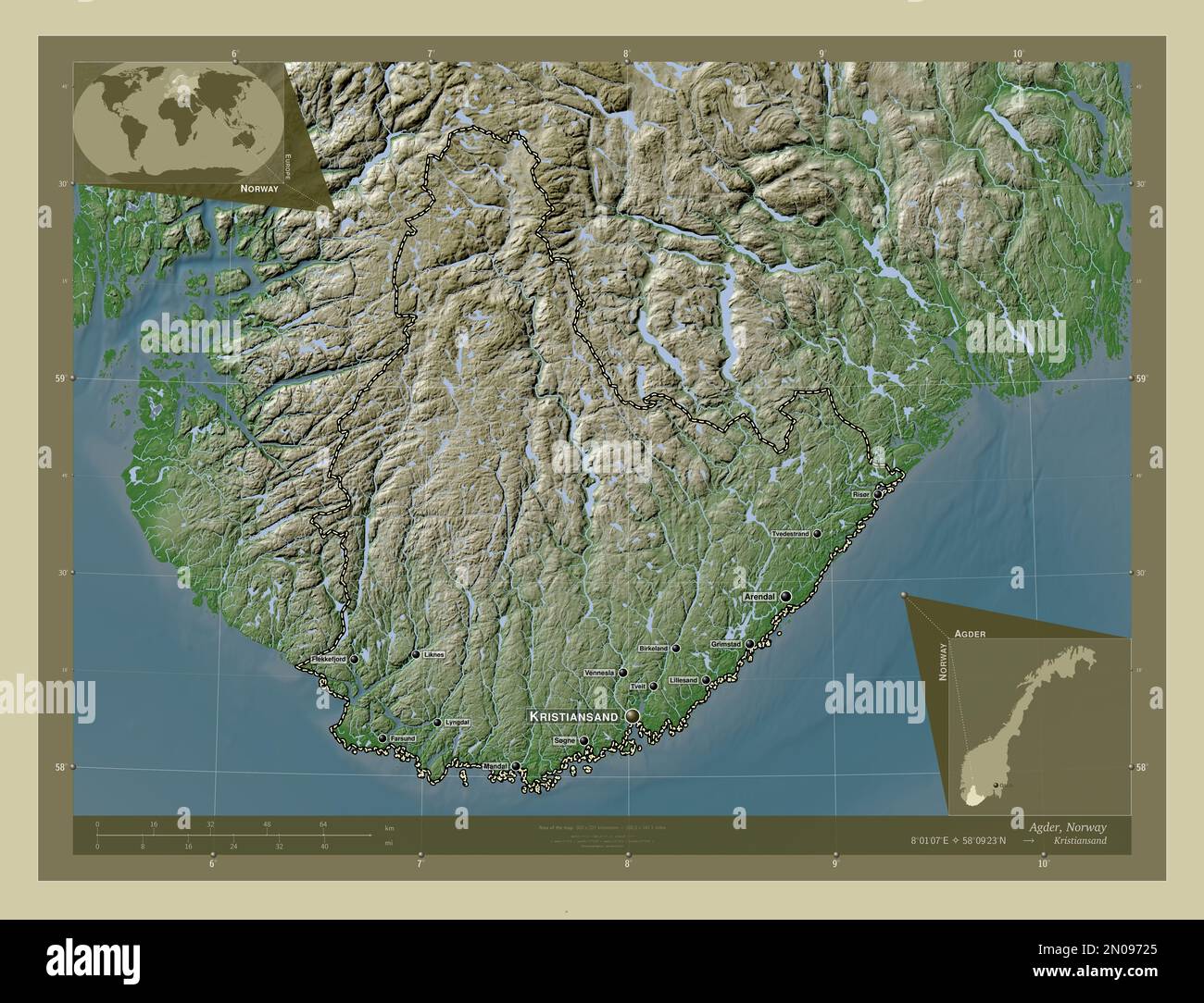 Agder, county of Norway. Elevation map colored in wiki style with lakes ...