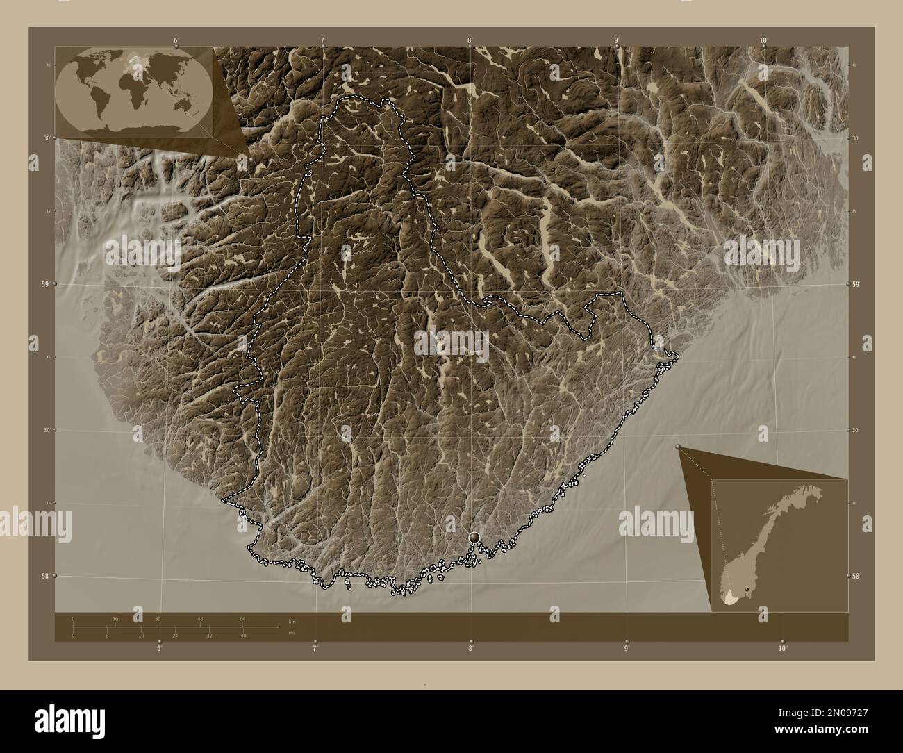 Agder, county of Norway. Elevation map colored in sepia tones with ...