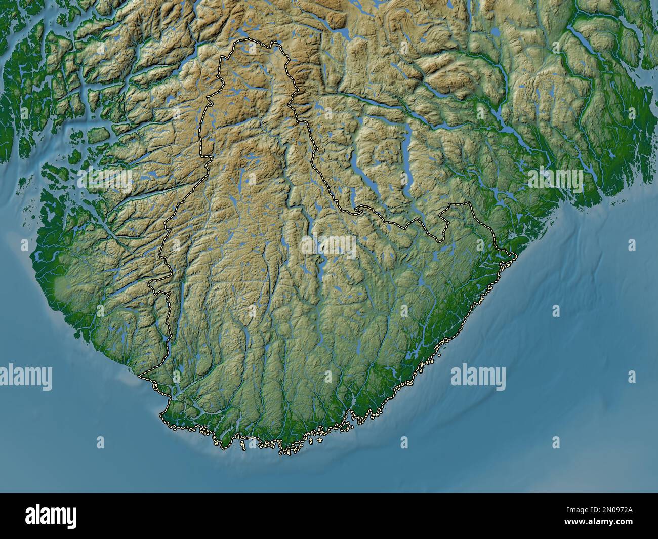 Agder, county of Norway. Colored elevation map with lakes and rivers ...
