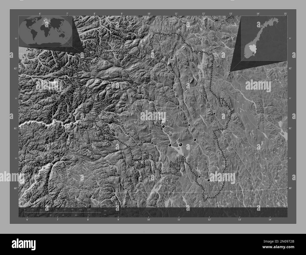 Innlandet, county of Norway. Bilevel elevation map with lakes and ...