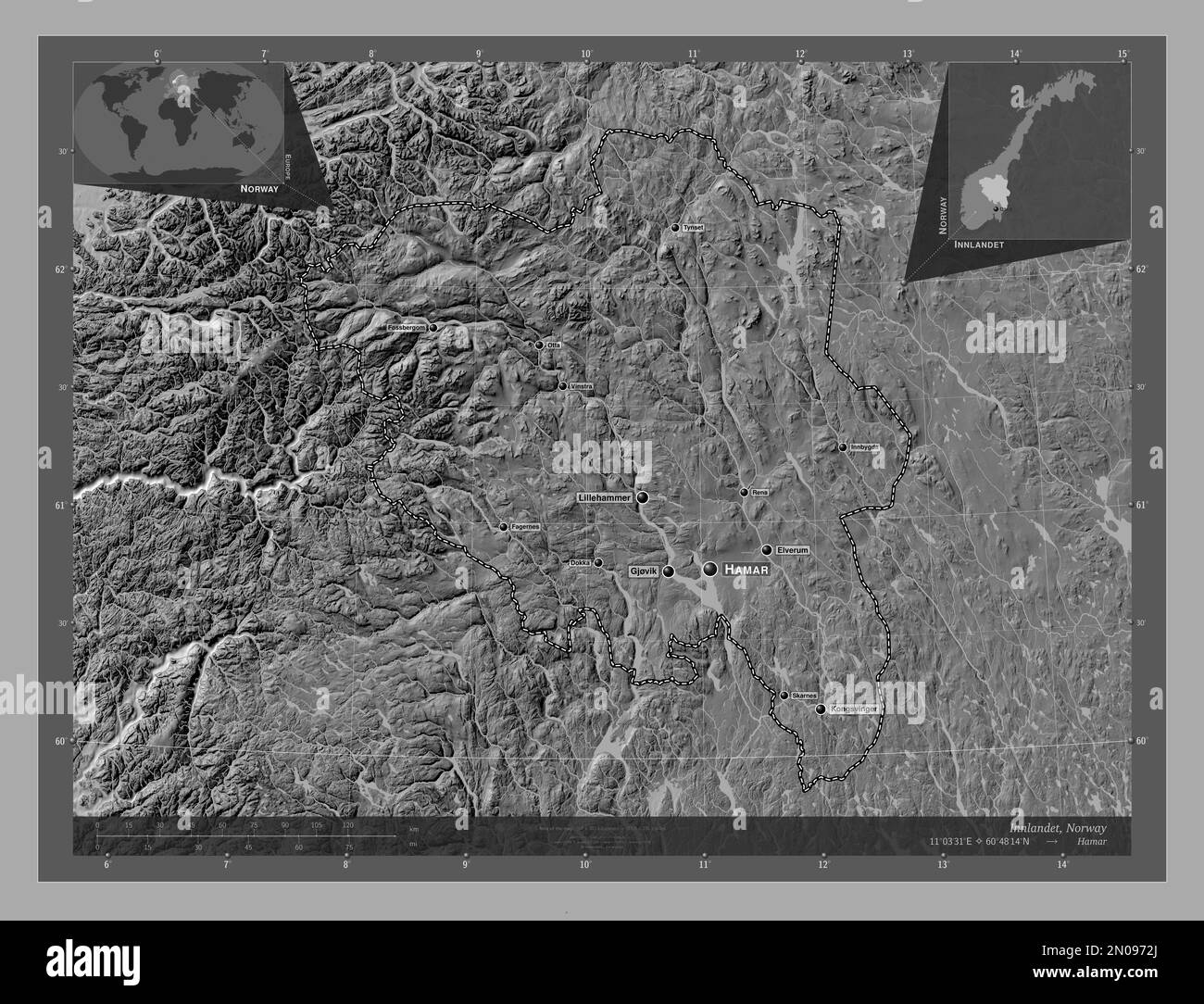 Innlandet, county of Norway. Bilevel elevation map with lakes and ...