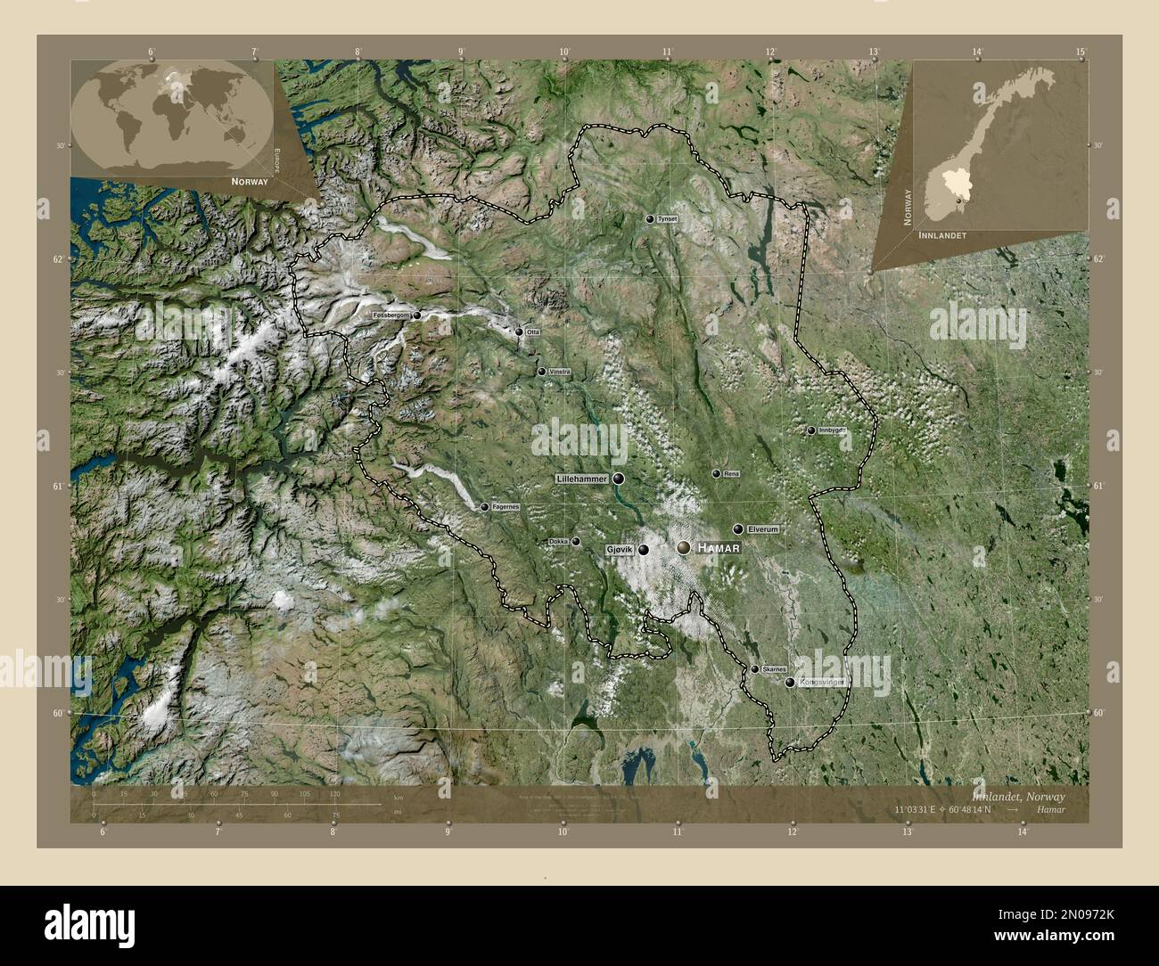 Innlandet, county of Norway. High resolution satellite map. Locations ...