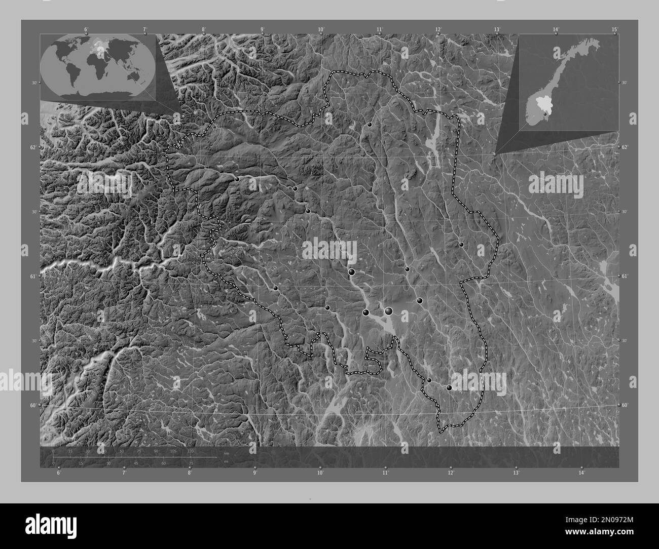 Innlandet, county of Norway. Grayscale elevation map with lakes and ...