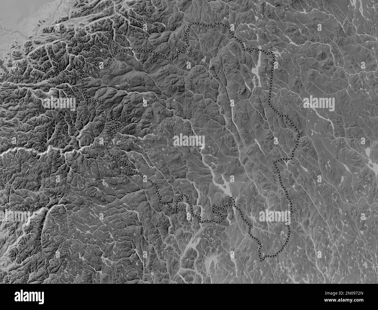 Innlandet, county of Norway. Grayscale elevation map with lakes and ...