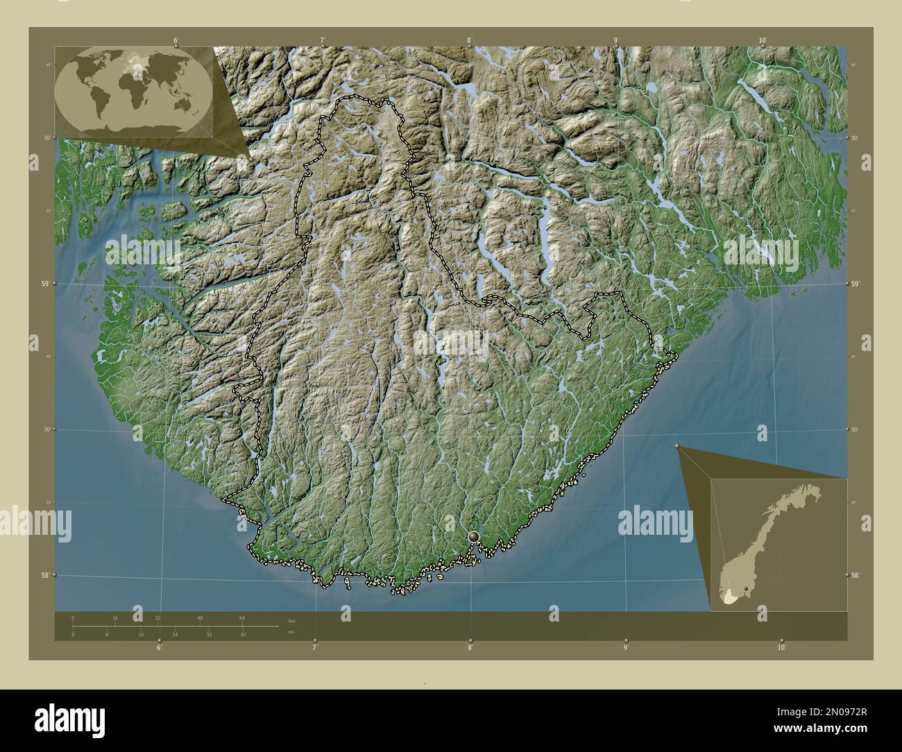 Agder, county of Norway. Elevation map colored in wiki style with lakes ...