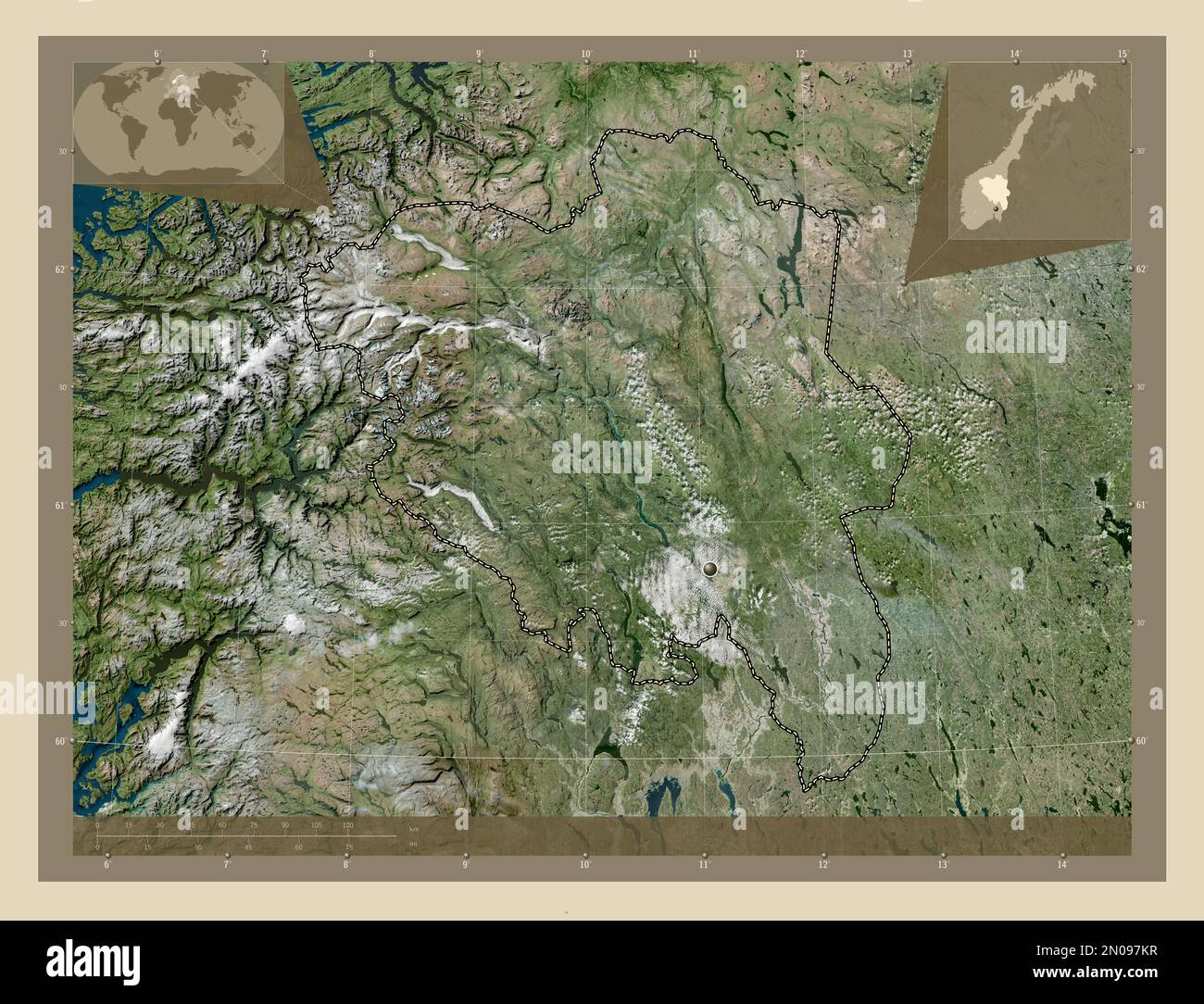 Innlandet, county of Norway. High resolution satellite map. Corner ...