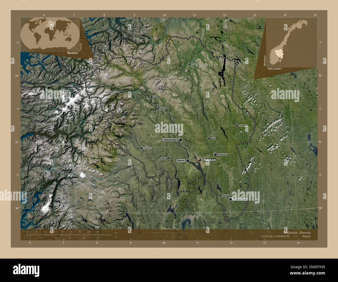 Innlandet, county of Norway. Low resolution satellite map. Locations ...