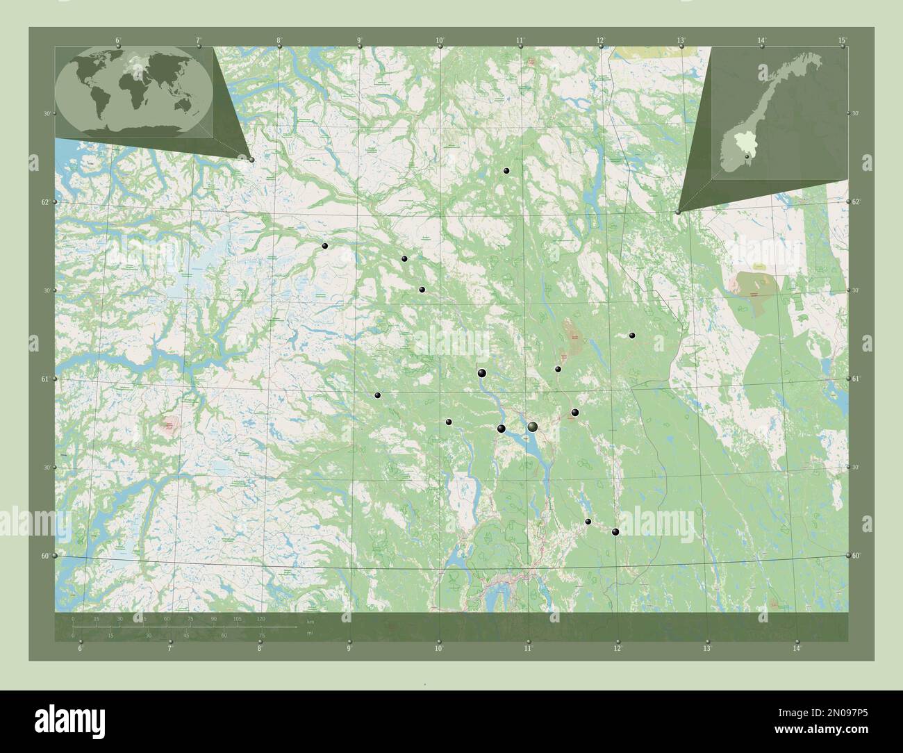 Innlandet, county of Norway. Open Street Map. Locations of major cities ...