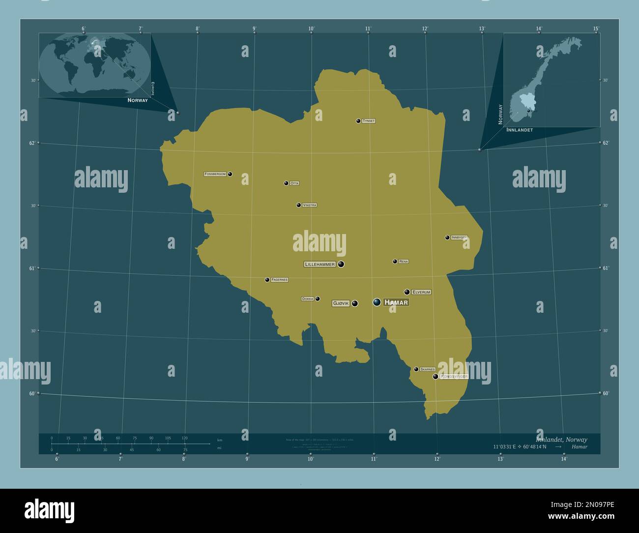 Innlandet, county of Norway. Solid color shape. Locations and names of ...