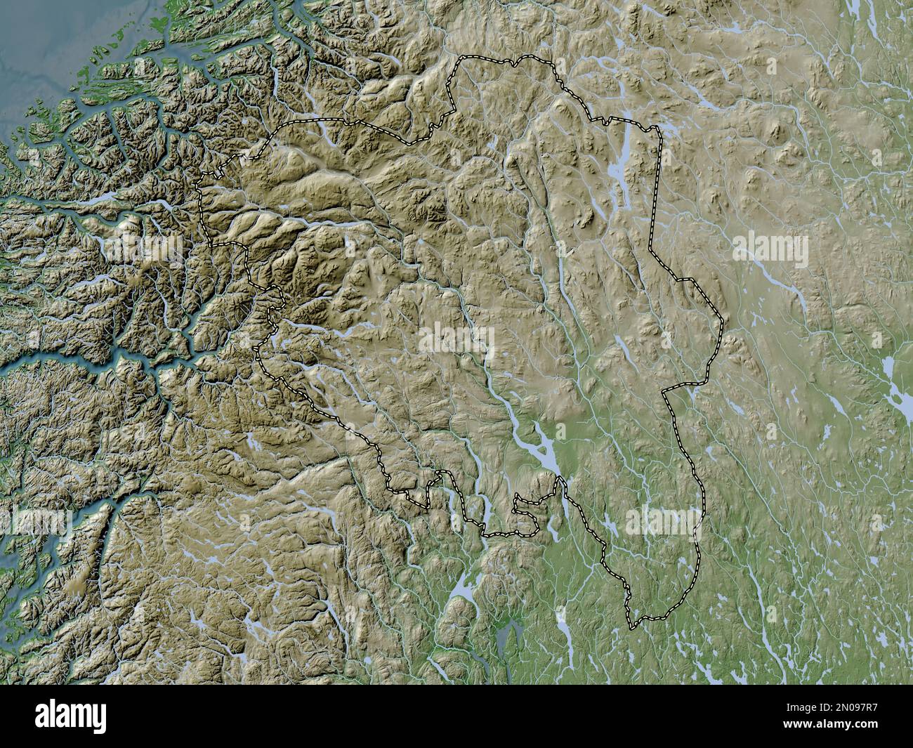 Innlandet, county of Norway. Elevation map colored in wiki style with lakes and rivers Stock ...