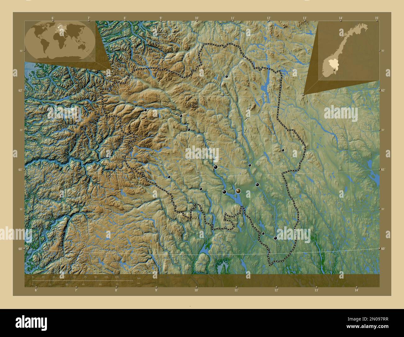 Innlandet, county of Norway. Colored elevation map with lakes and ...
