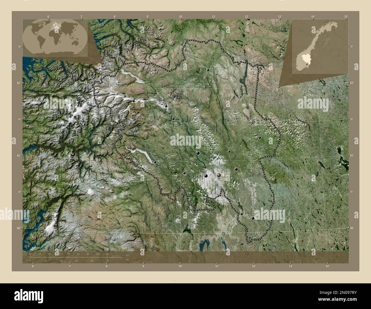 Innlandet, county of Norway. High resolution satellite map. Locations of major cities of the ...