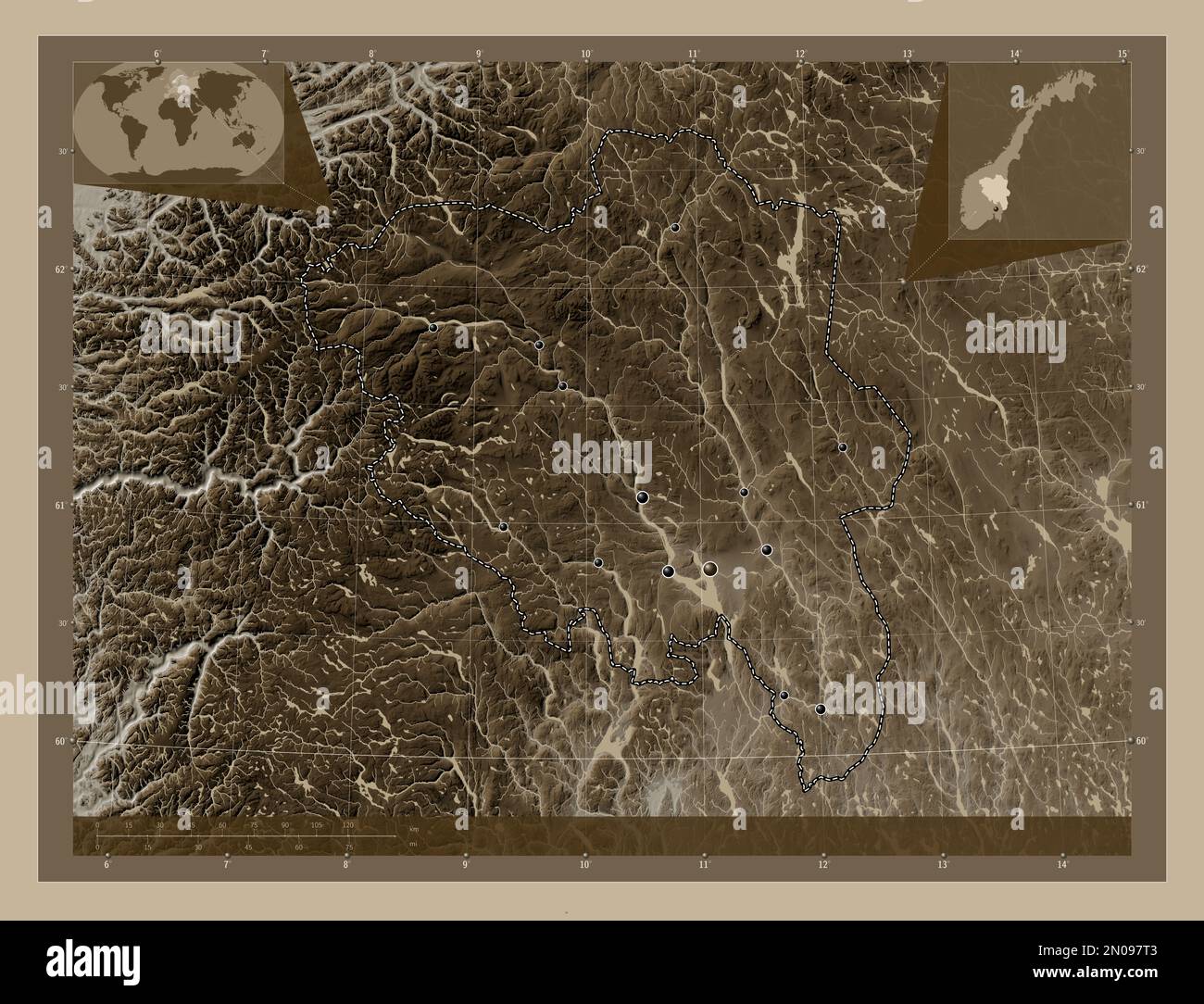 Innlandet, county of Norway. Elevation map colored in sepia tones with ...