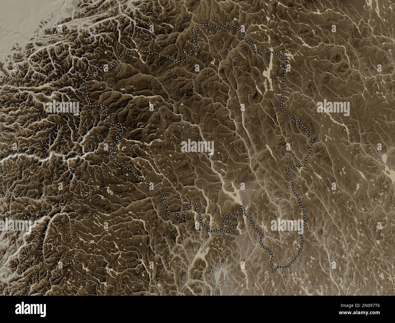 Innlandet, county of Norway. Elevation map colored in sepia tones with ...