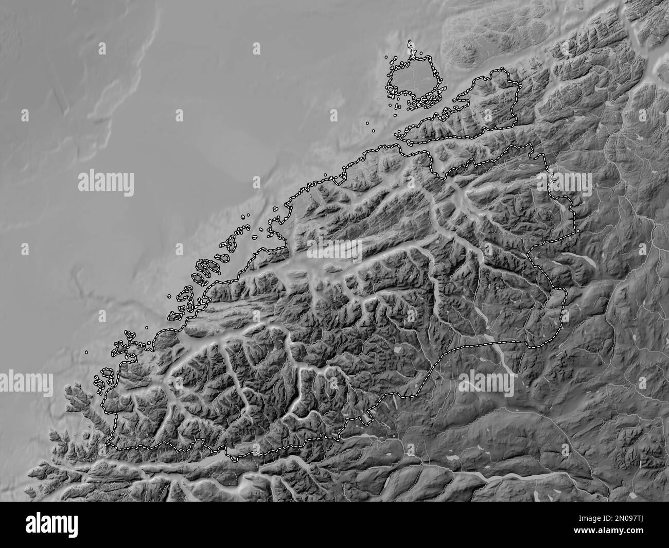 Mre og Romsdal, county of Norway. Grayscale elevation map with lakes ...