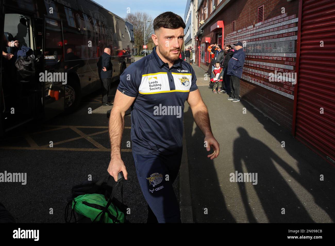 Liam Tindall #23 of Leeds Rhinos arrives at Sewell Group Craven Park ...